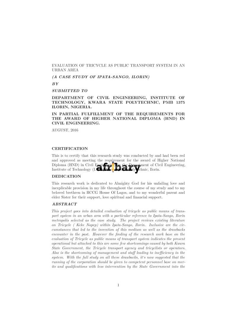 EVALUATION OF TRICYCLE AS PUBLIC TRANSPORT SYSTEM IN AN URBAN AREA (A ...