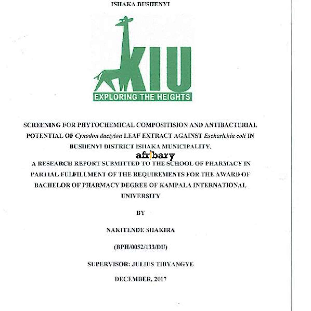 KAMPALA INTERNATIONAL UNIVERSITY- (WESTERN CAMPUS) ISHAKA BUSHENYI ...