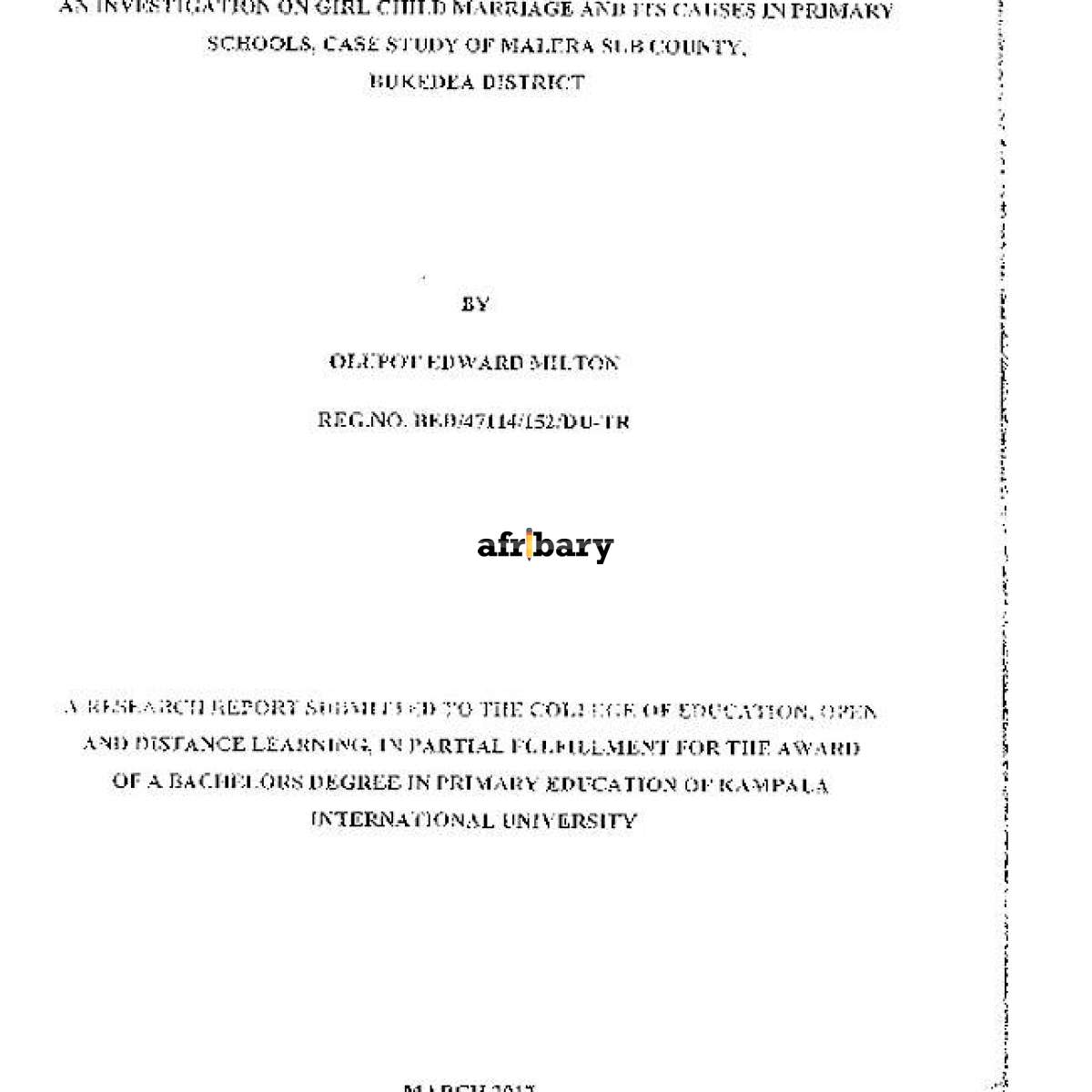 AN INVESTIGATION ON GIRL CHILD MARRIAGE AND ITS CAUSES IN PRIMARY ...
