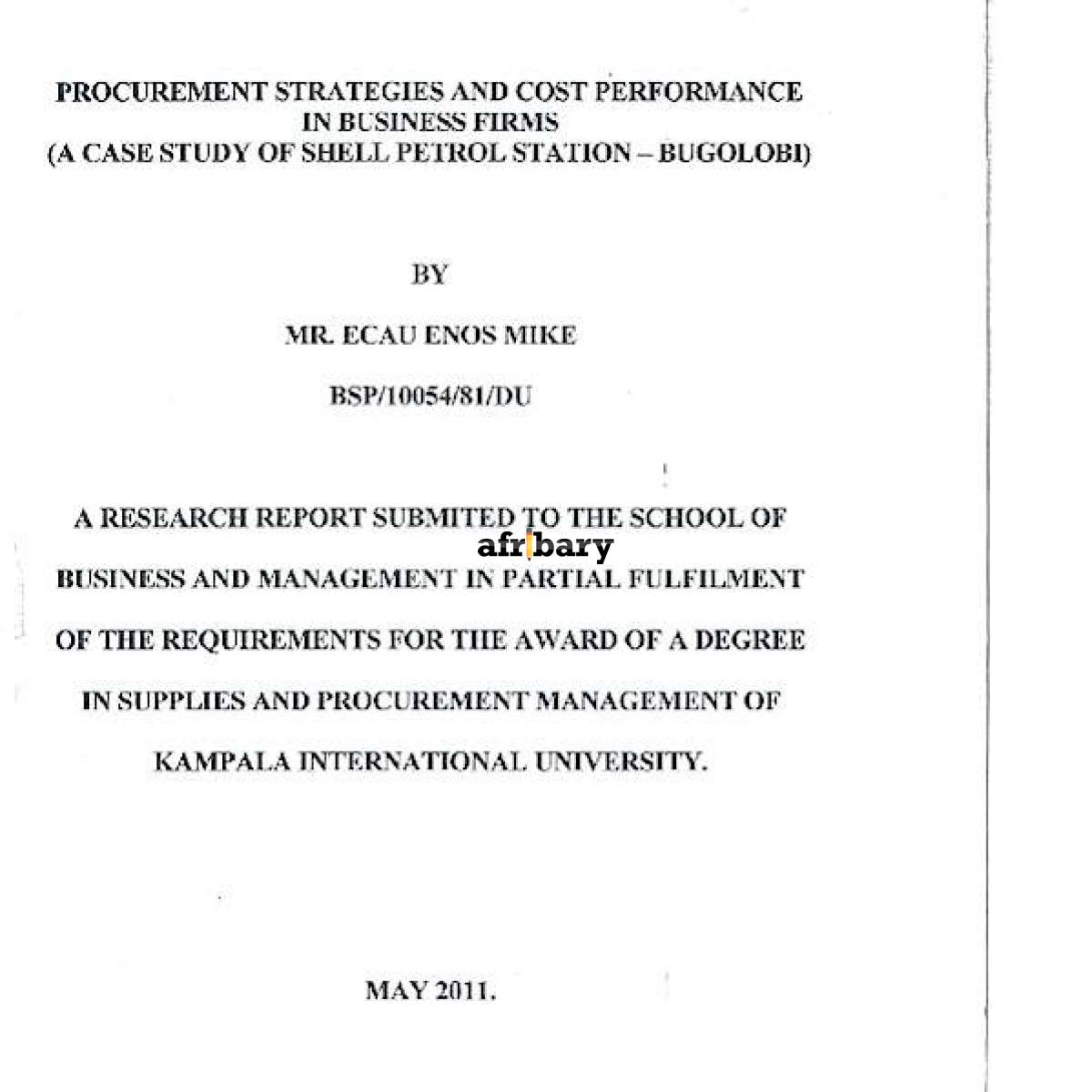 Procurement Strategies and Cost Performance in Business Firms (A Case ...