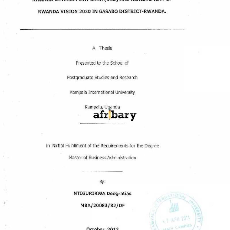 Rwanda Development Bank (Brd) and Achievement F Rwanda Vision 2020 In ...
