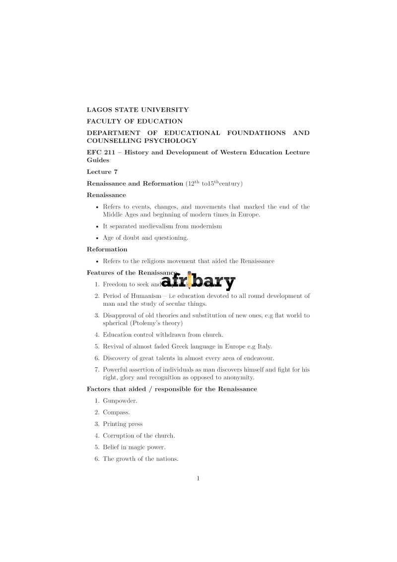 EFC 211 – History and Development of Western Education (Lecture 7 ...