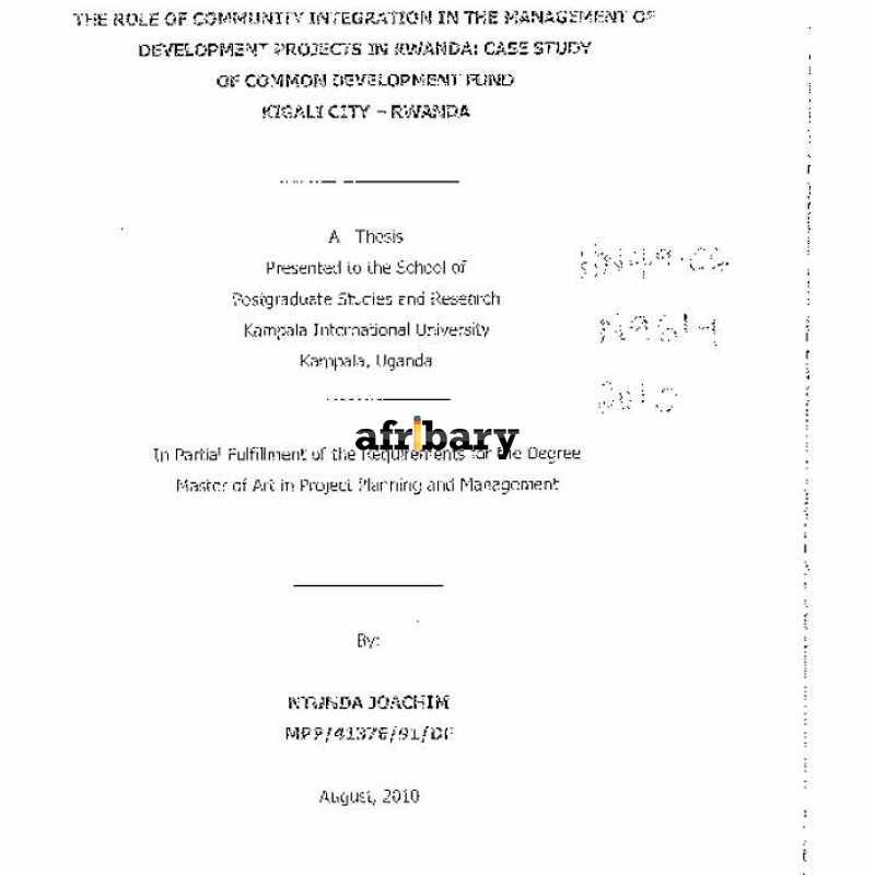 The Role of Community Integration in the Management of Development Projects in Rwanda Case Study ...