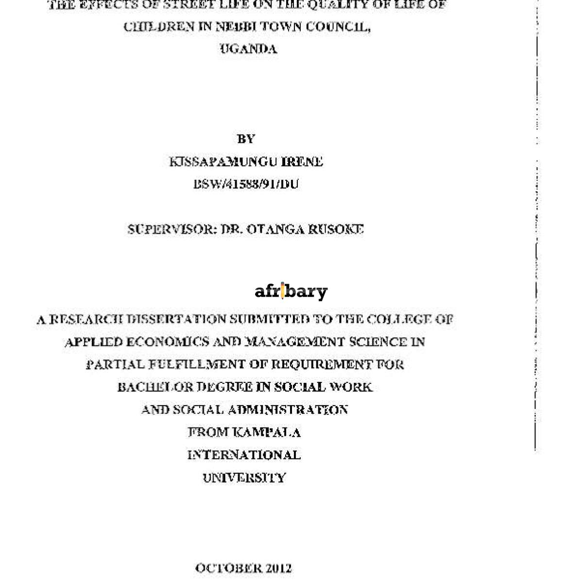 The Effects of Street Life On the Quality of Life of Children in Nebbi ...
