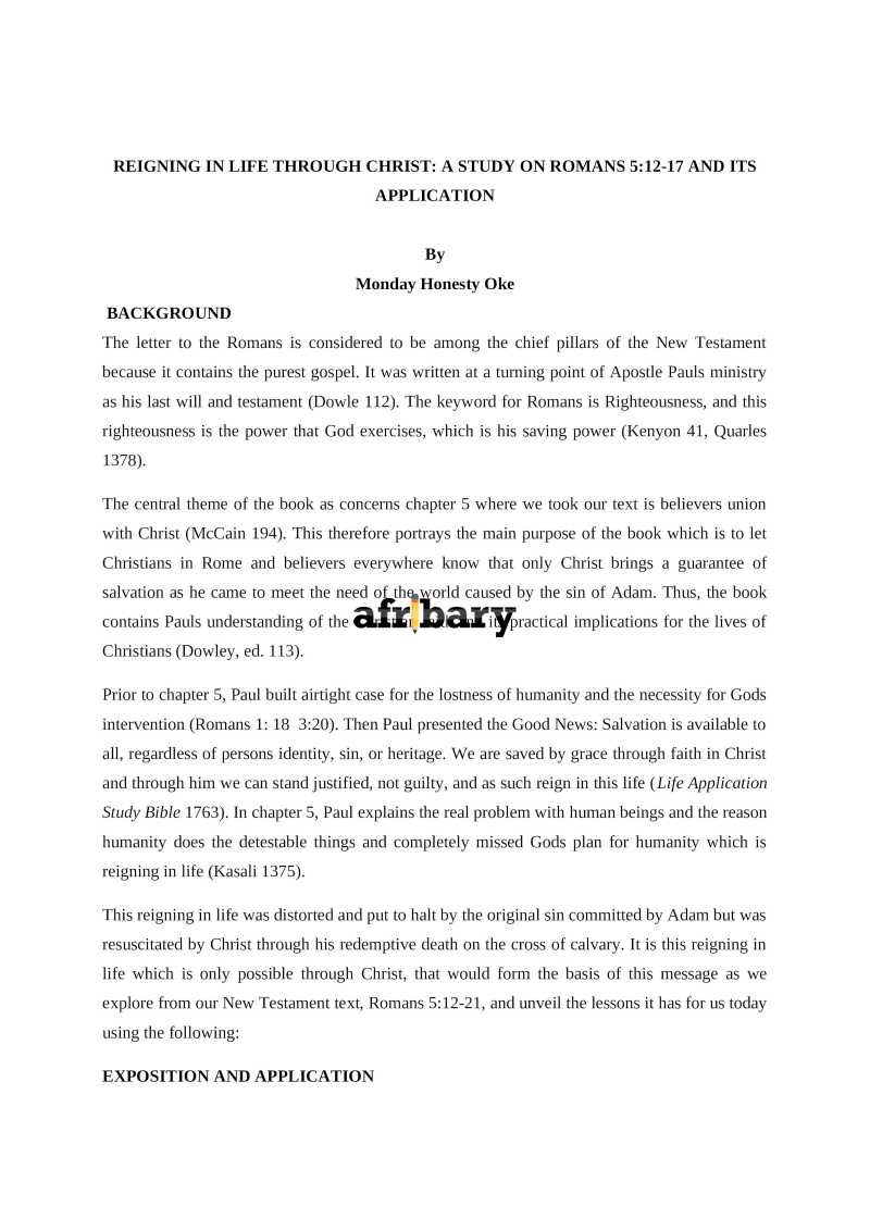 Reigning in Life Through Christ: A Study on Romans 5:12-17 AND ITS ...