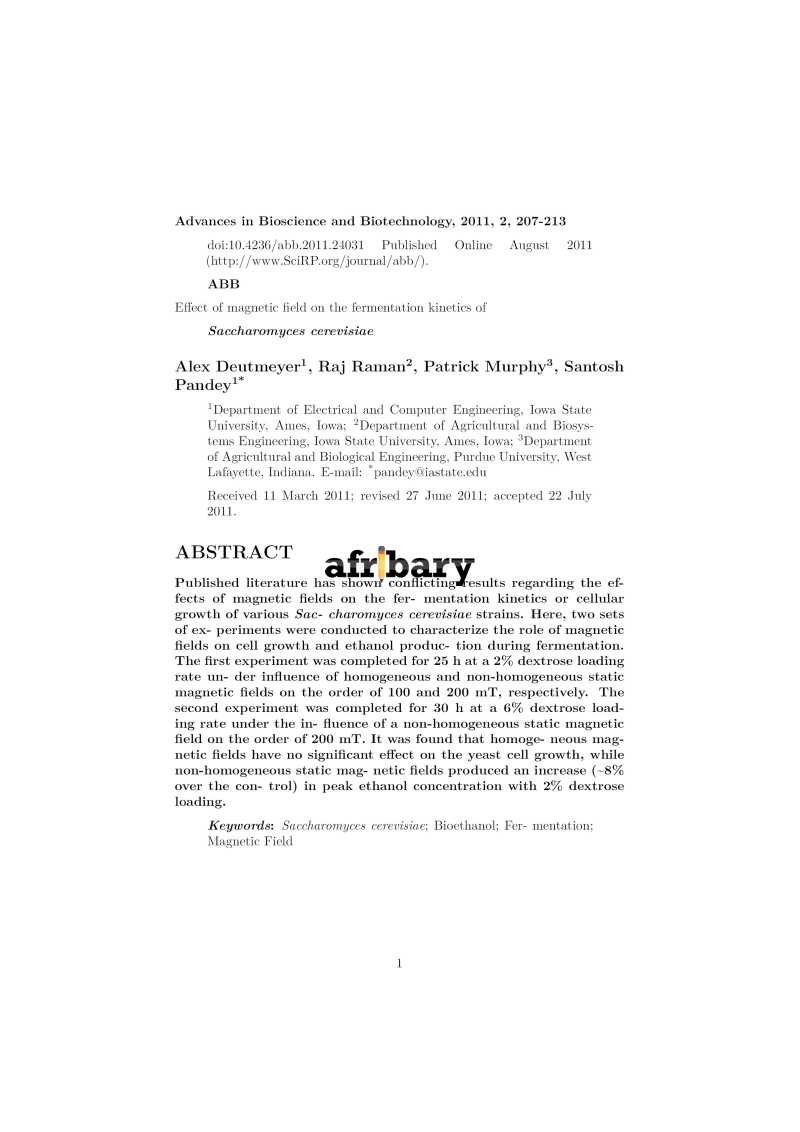 Magnetic Field effects on Saccharomyces cerevisiae for bioethanol ...