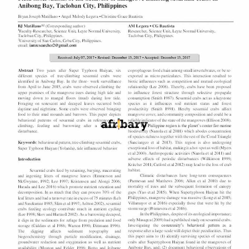 Field observations of the behavior of mangrove climbing sesarmid crabs ...