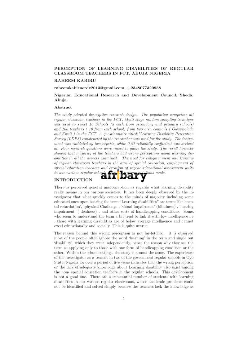 PERCEPTION OF LEARNING DISABILITIES OF REGULAR CLASSROOM TEACHERS IN ...