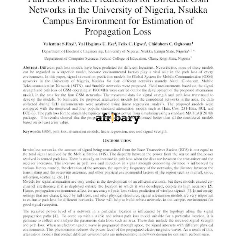 Path Loss Model Predictions For Different Gsm Networks In The Unn Campus Environment For