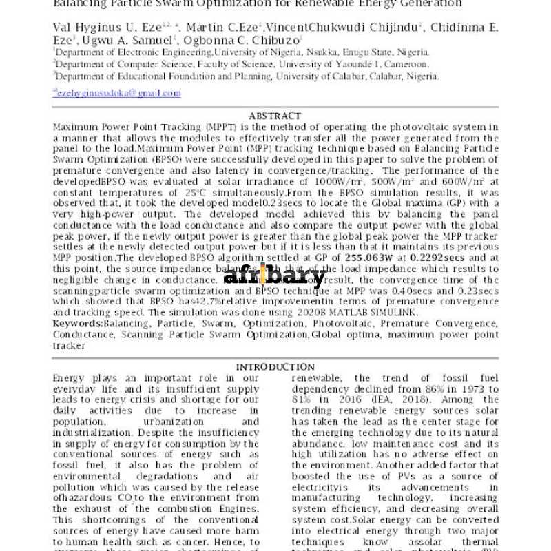 Development of Improved MPPT Algorithm Based on Balancing PSO for Renewable Energy Generation ...