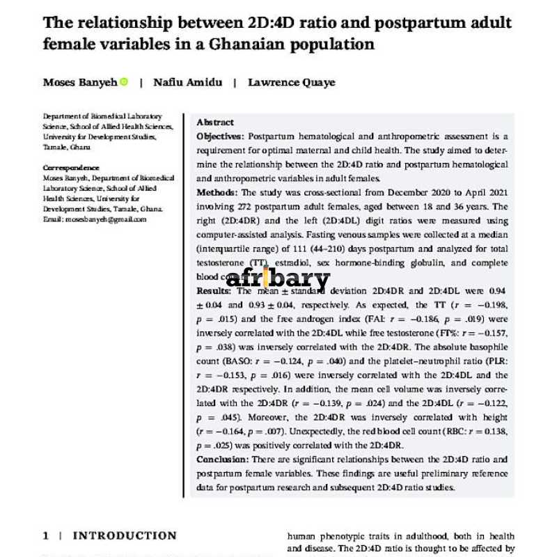 The relationship between 2D:4D ratio and postpartum adult female ...