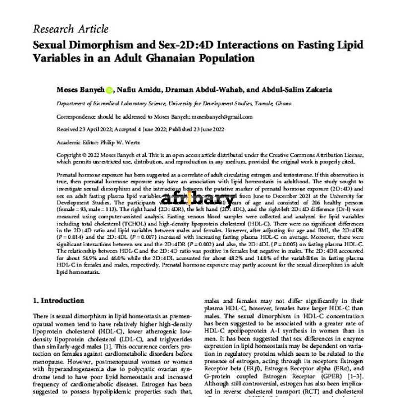 Sexual Dimorphism And Sex 2d 4d Interactions On Fasting Lipid Variables In An Adult Ghanaian
