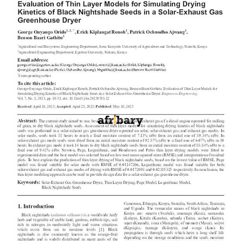 Evaluation of Thin Layer Models for Simulating Drying Kinetics of Black Nightshade Seeds in a ...