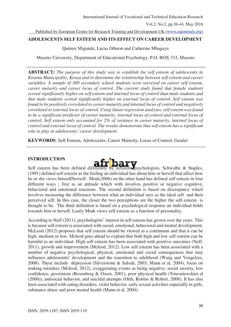 Adolescents Self Esteem And Its Effect On Career Development Afribary
