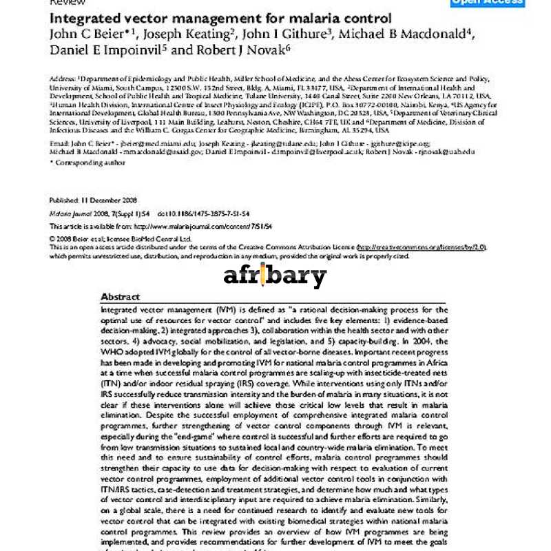 Integrated Vector Management for Malaria Control | Afribary