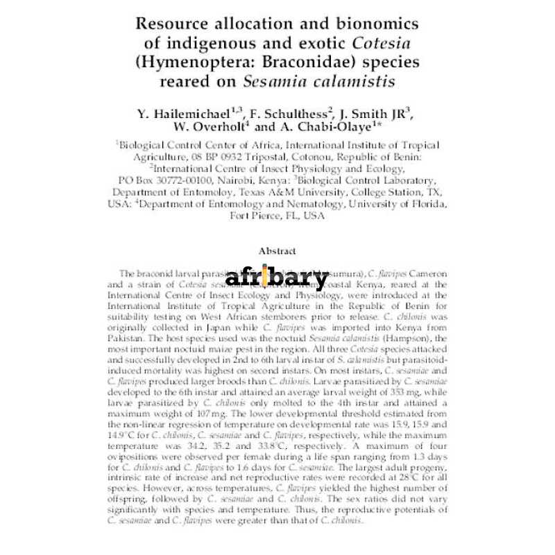 Resource allocation and bionomics of indigenous and exotic Cotesia ...