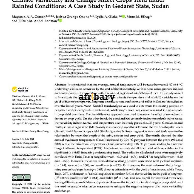 Climate Variability and Change Affect Crops Yield under Rainfed Conditions: A Case Study in ...
