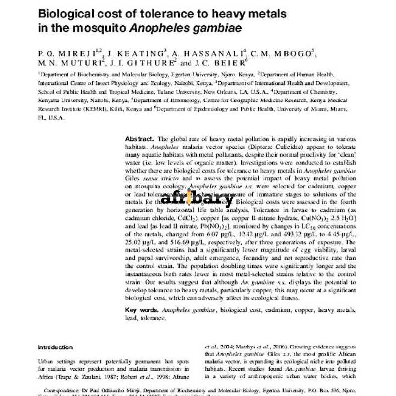 Biological cost of tolerance to heavy metals in the mosquito Anopheles ...