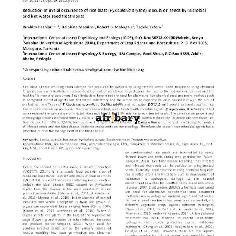 Reduction of initial occurrence of rice blast (Pyricularia oryzae ...