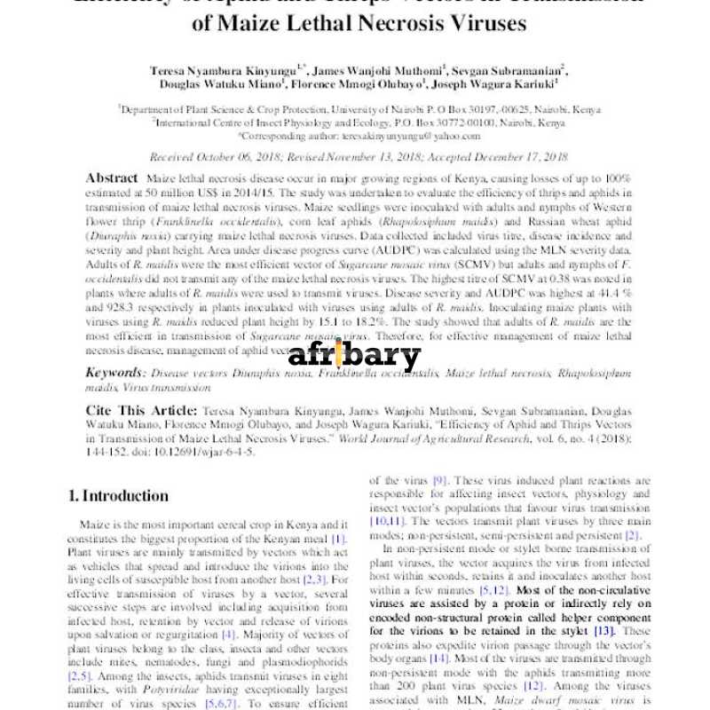 Efficiency of Aphid and Thrips Vectors in Transmission of Maize Lethal Necrosis Viruses. | Afribary