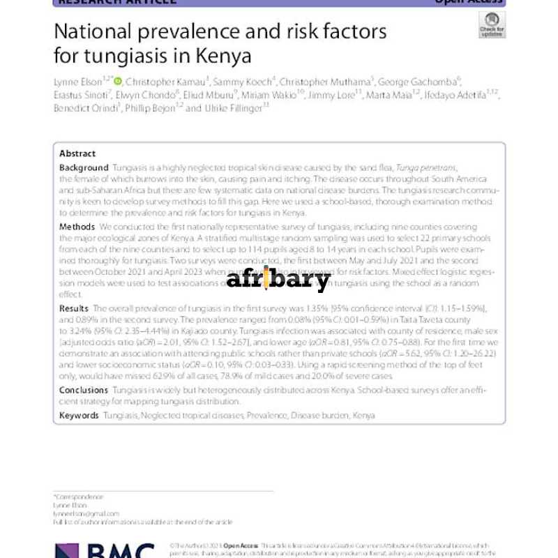 National prevalence and risk factors for tungiasis in Kenya | Afribary