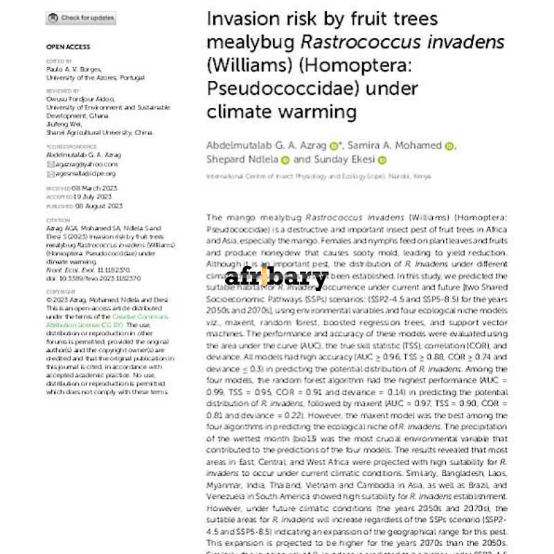 Invasion risk by fruit trees mealybug Rastrococcus invadens (Williams ...