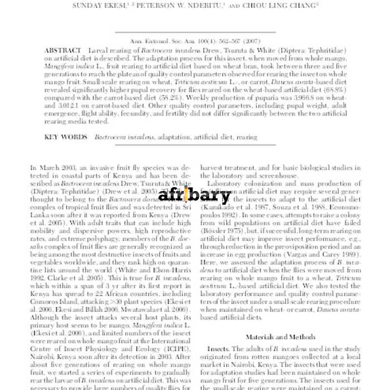 Adaptation to and Small-Scale Rearing of Invasive Fruit Fly Bactrocera ...
