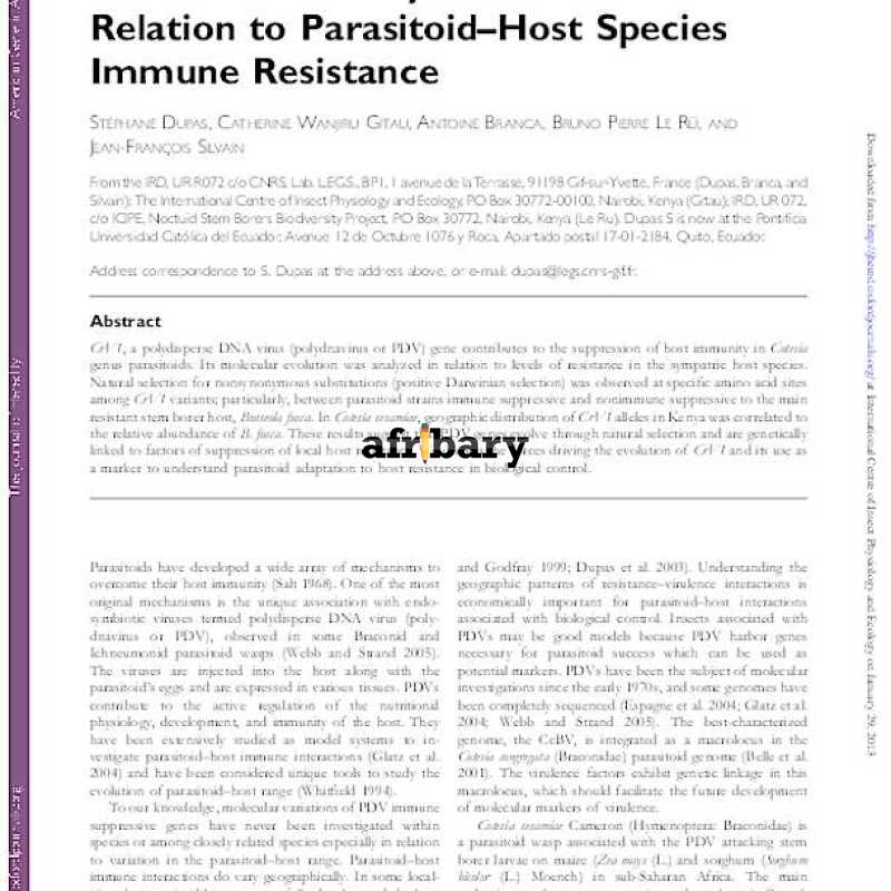 Evolution of a Polydnavirus Gene in Relation to Parasitoid–Host Species ...