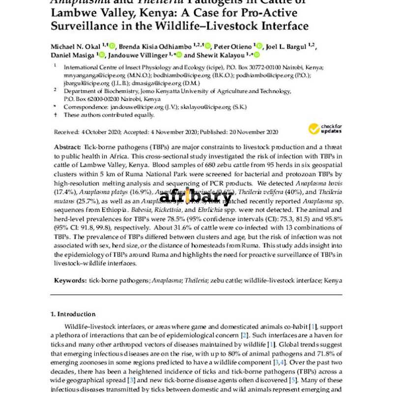 Anaplasma and Theileria Pathogens in Cattle of Lambwe Valley, Kenya: A ...