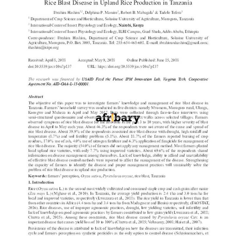 Smallholder Farmers’ Knowledge, Perception and Management of Rice Blast ...