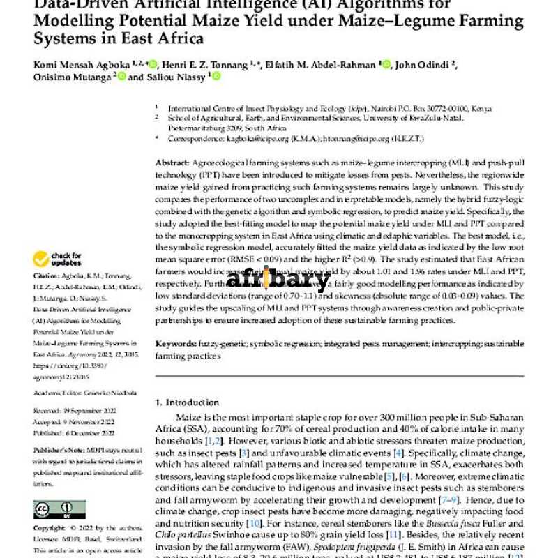 Data-Driven Artificial Intelligence (AI) Algorithms for Modelling Potential Maize Yield under ...