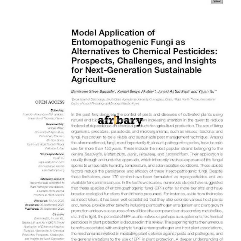 Model application of entomopathogenic fungi as alternatives to chemical pesticides: Prospects ...