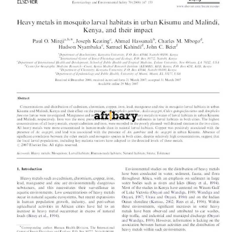 Heavy Metals in Mosquito Larval Habitats in Urban Kisumu and Malindi ...