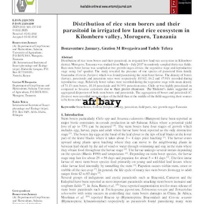 Distribution of rice stem borers and their parasitoid in irrigated low ...