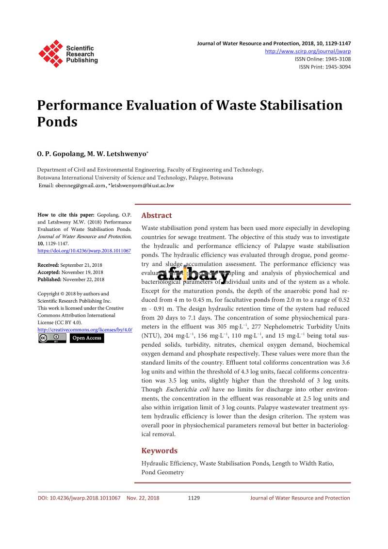 Performance evaluation of waste stabilisation ponds | Afribary