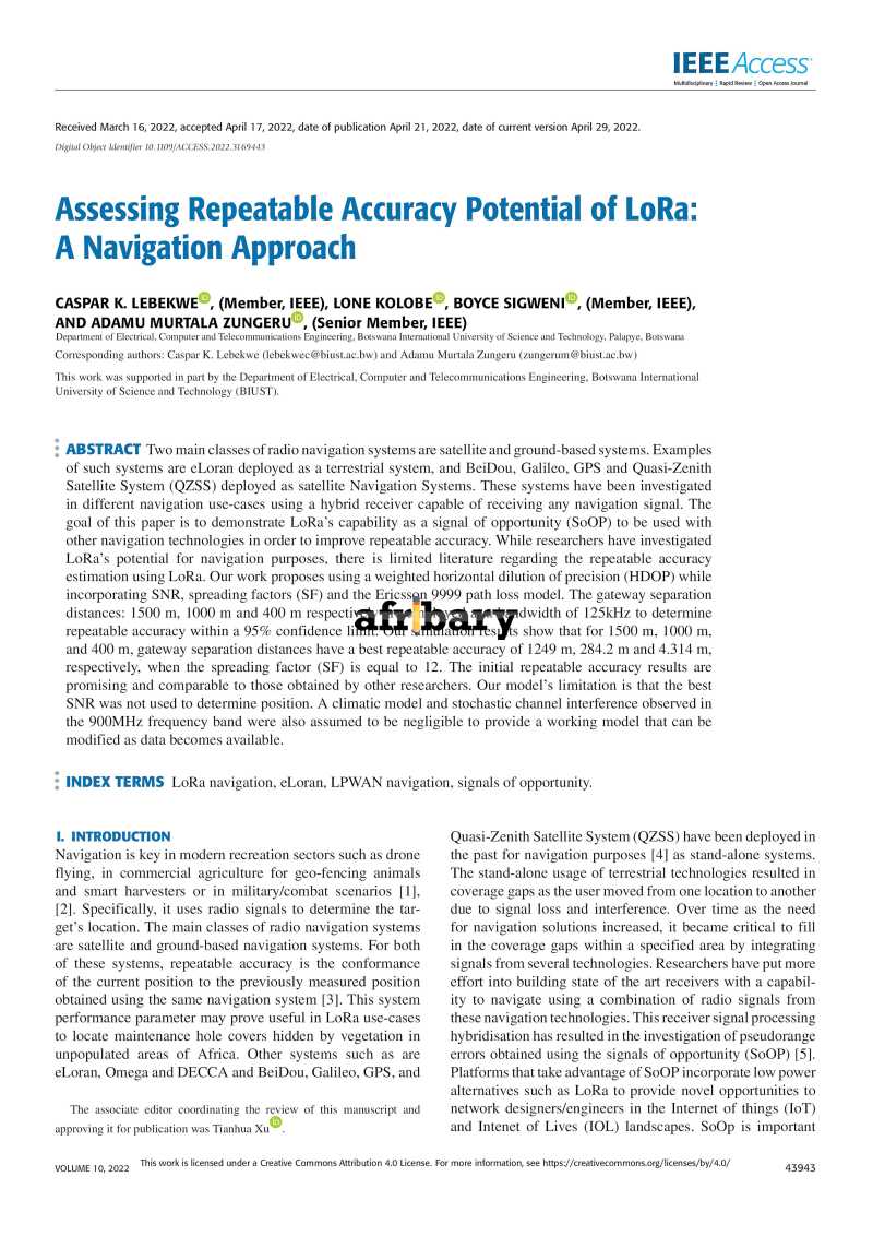 Assessing repeatable accuracy potential of LoRa: a navigation approach | Afribary