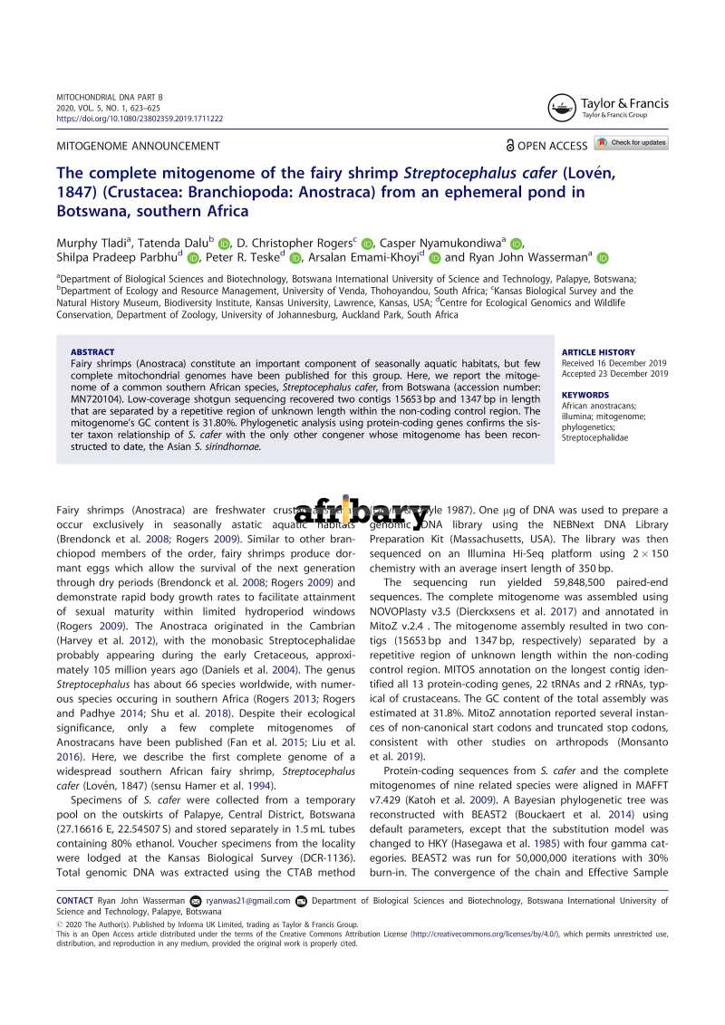 The complete mitogenome of the fairy shrimp Streptocephalus cafer (Lovén, 1847) (Crustacea ...