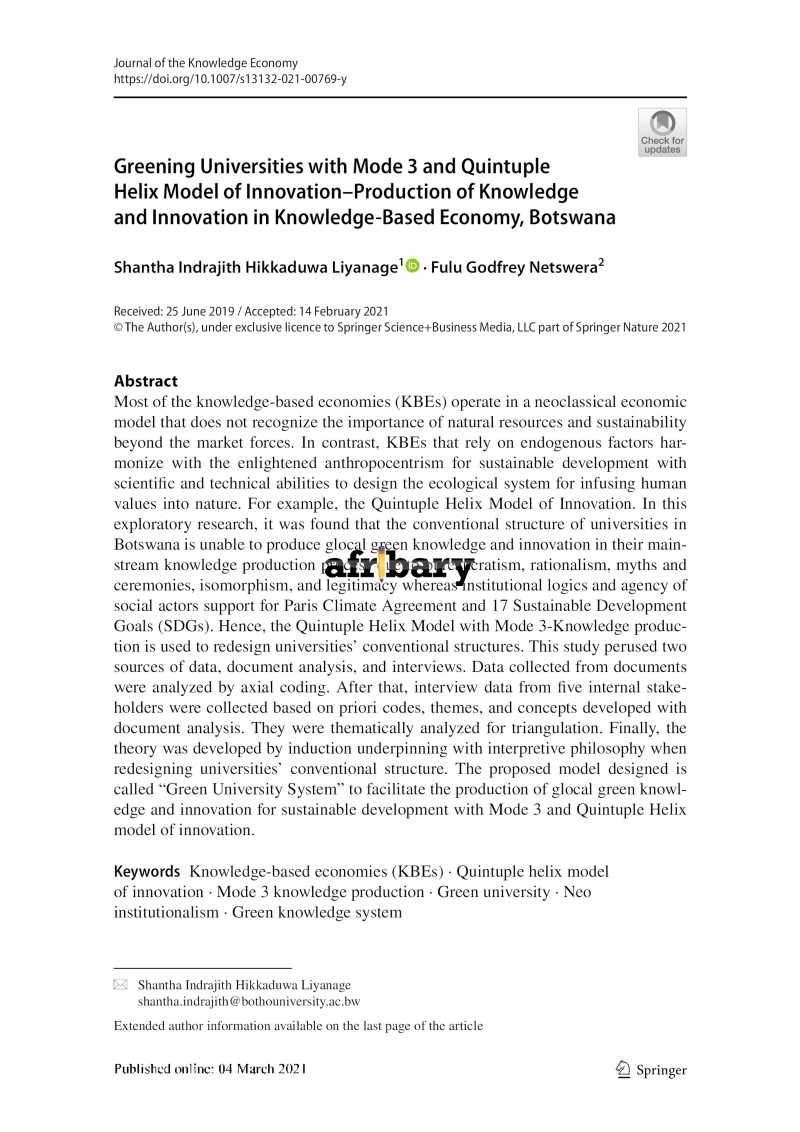 Greening Universities with Mode 3 and Quintuple Helix Model of ...