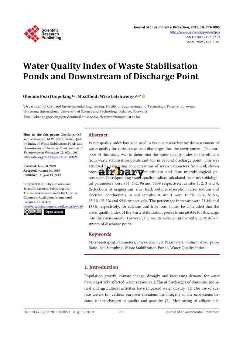 Water quality Index of waste stabilisation ponds and downstream of ...