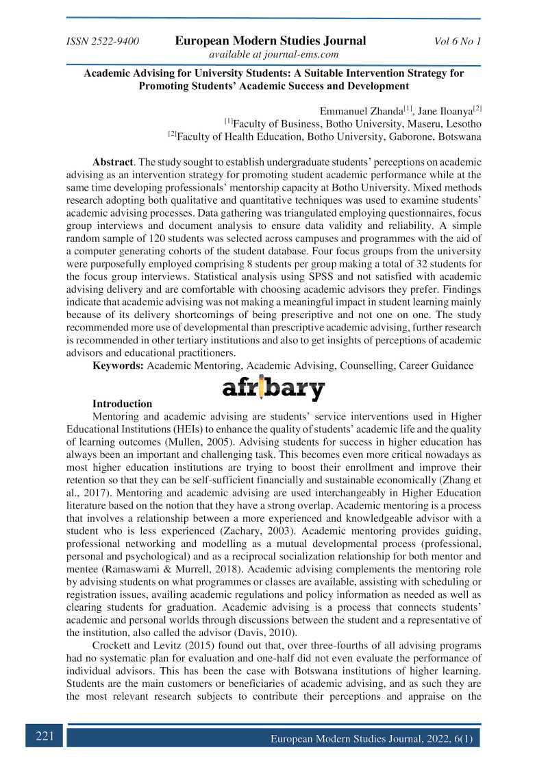 Academic Advising for University Students: A Suitable Intervention ...