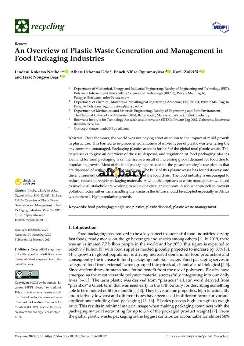 An overview of plastic waste generation and management in food ...