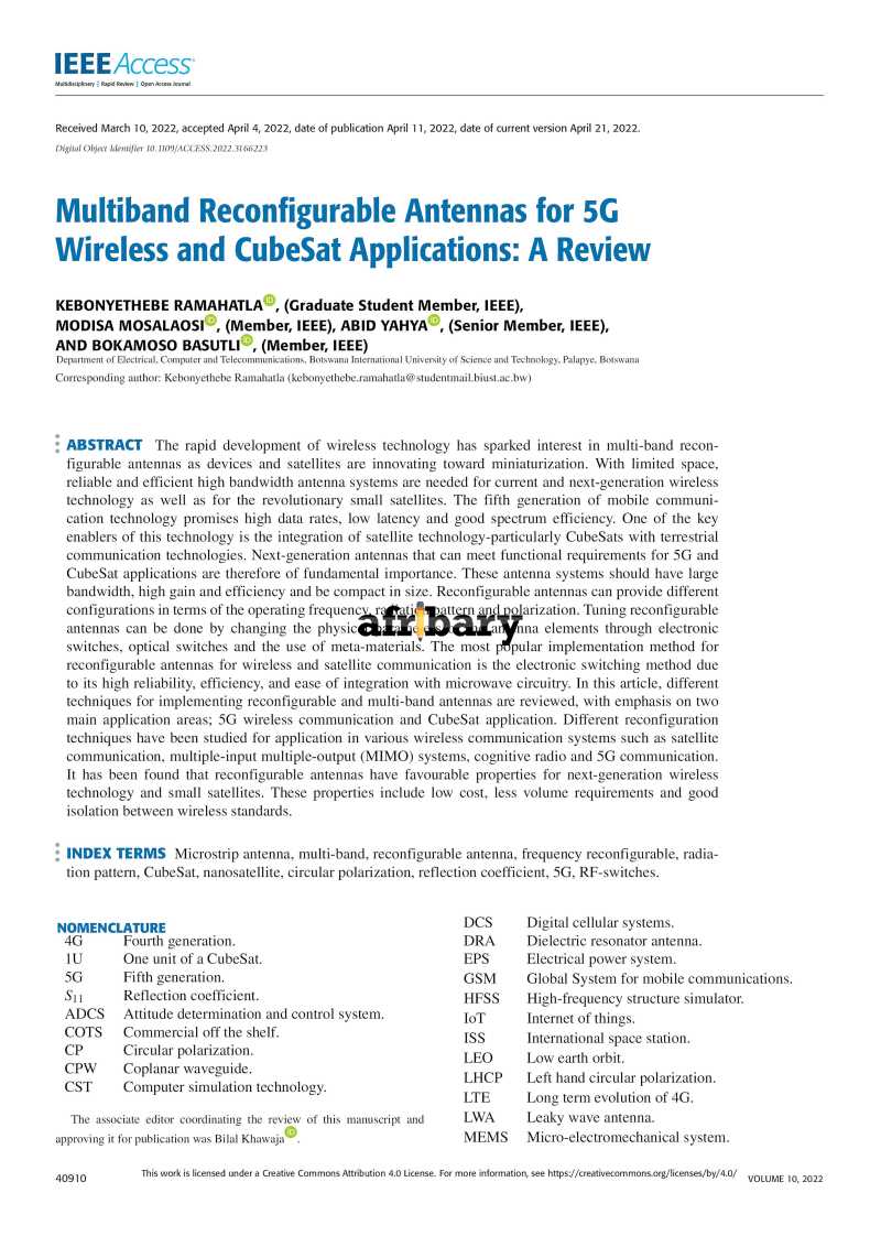Multiband reconfigurable antennas for 5G wireless and CubeSat ...