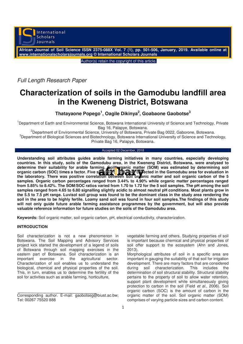 Characterization of soils in the Gamodubu landfill area in the Kweneng ...