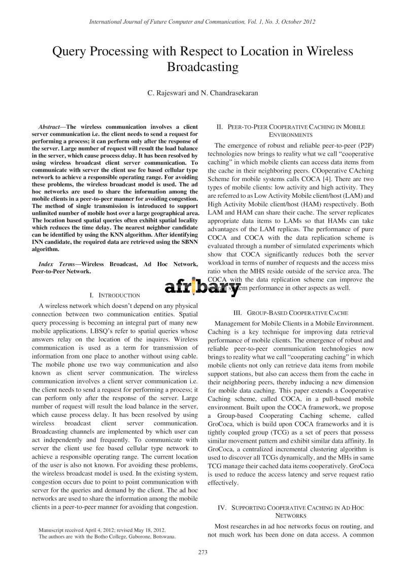 Query Processing with Respect to Location in Wireless Broadcasting | Afribary