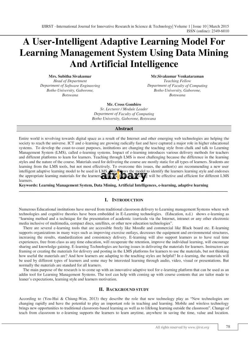A User Intelligent Adaptive Learning Model For Learning Management System Using Data Mining And 