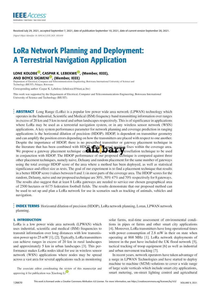 LoRa network planning and deployment: a terrestrial navigation application | Afribary