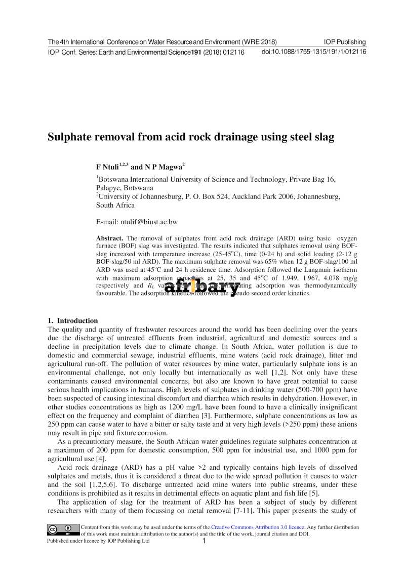 Sulphate removal from acid rock drainage using steel slag | Afribary