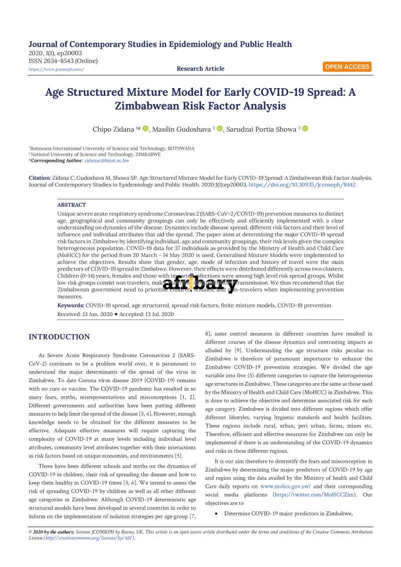 Age structured mixture model for early COVID-19 spread: a Zimbabwean ...