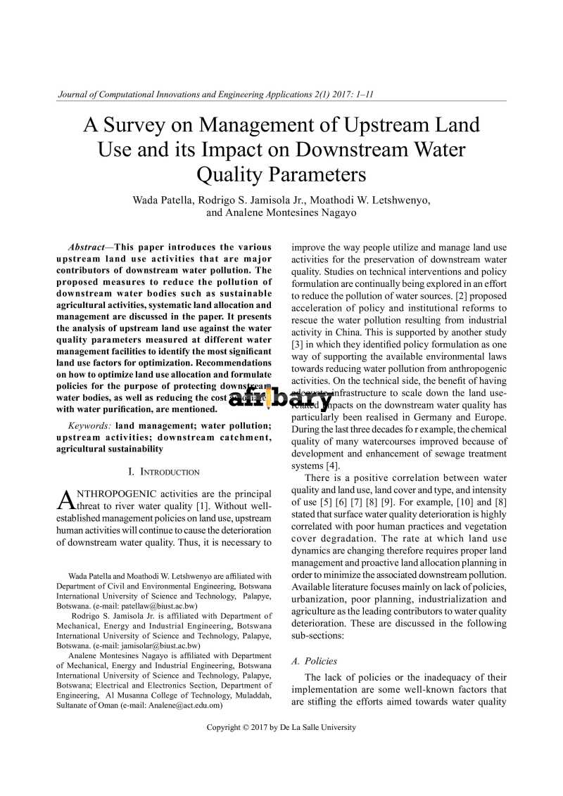 A survey on management of upstream land use and its impact on downstream water quality ...