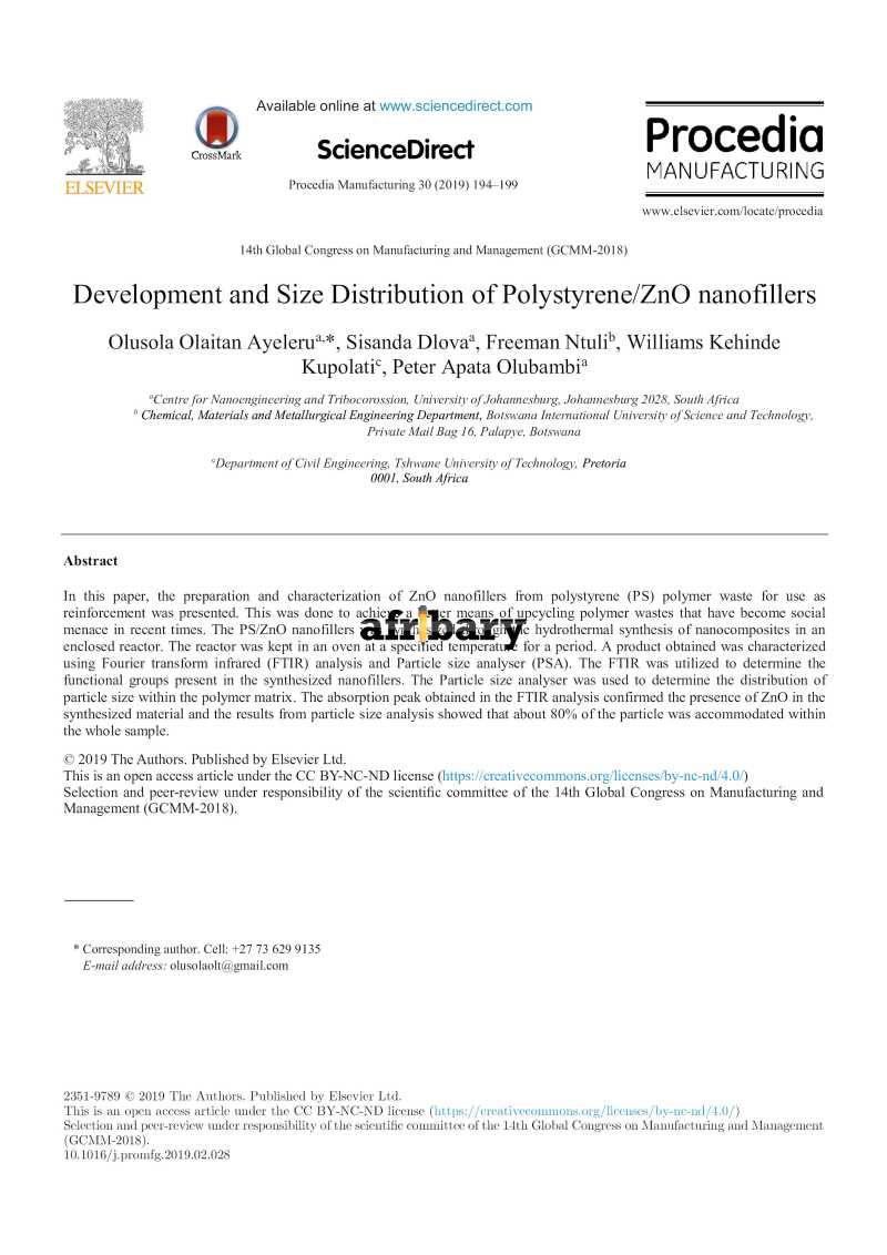 Development and size distribution of Polystyrene/ZnO nanofillers